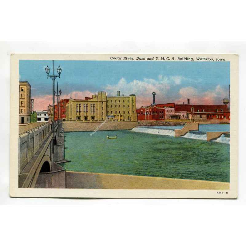 Cedar River Dam and YMCA Building Waterloo Iowa postcard